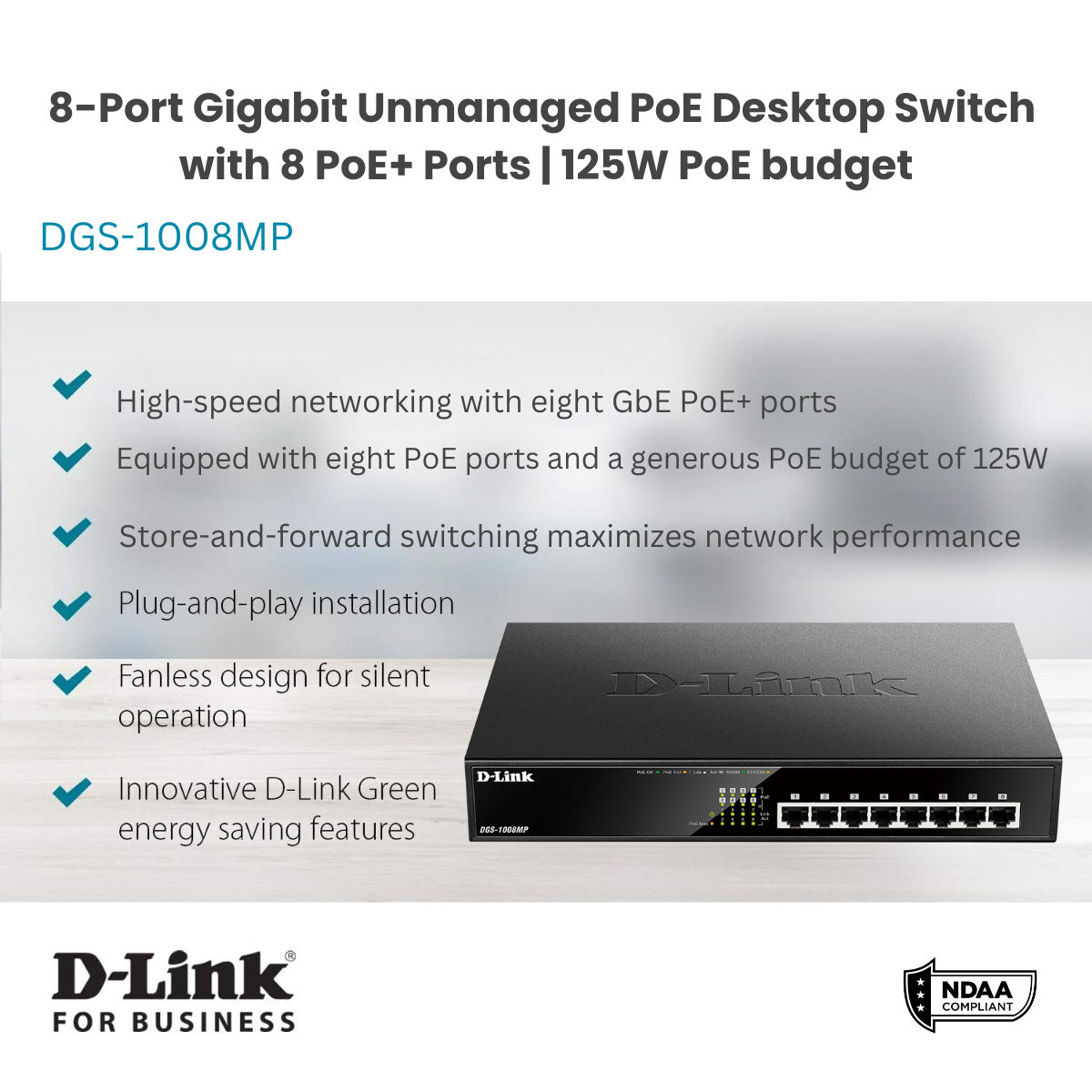 D-Link 8-Port Gigabit PoE+ Unmanaged/Plug and Play Switch | 8 PoE+ Por ...