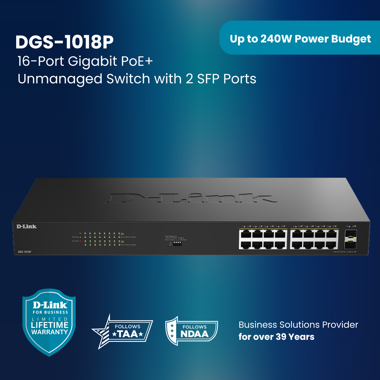 D-Link 16-Port Gigabit PoE+ Unmanaged Switch with 2 SFP Ports (DGS-101 ...