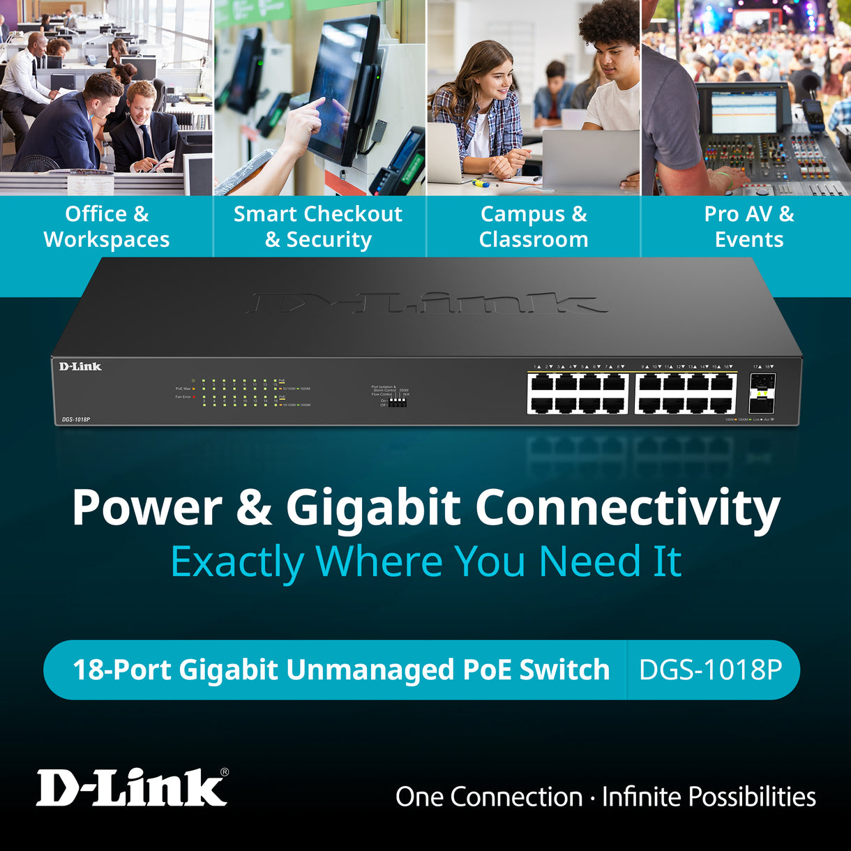 D-Link 16-Port Gigabit PoE+ Unmanaged Switch with 2 SFP Ports (DGS-101 ...