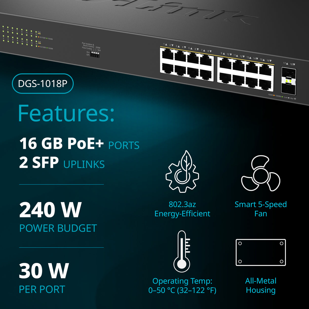 D-Link 16-Port Gigabit PoE+ Unmanaged Switch with 2 SFP Ports (DGS-101 ...