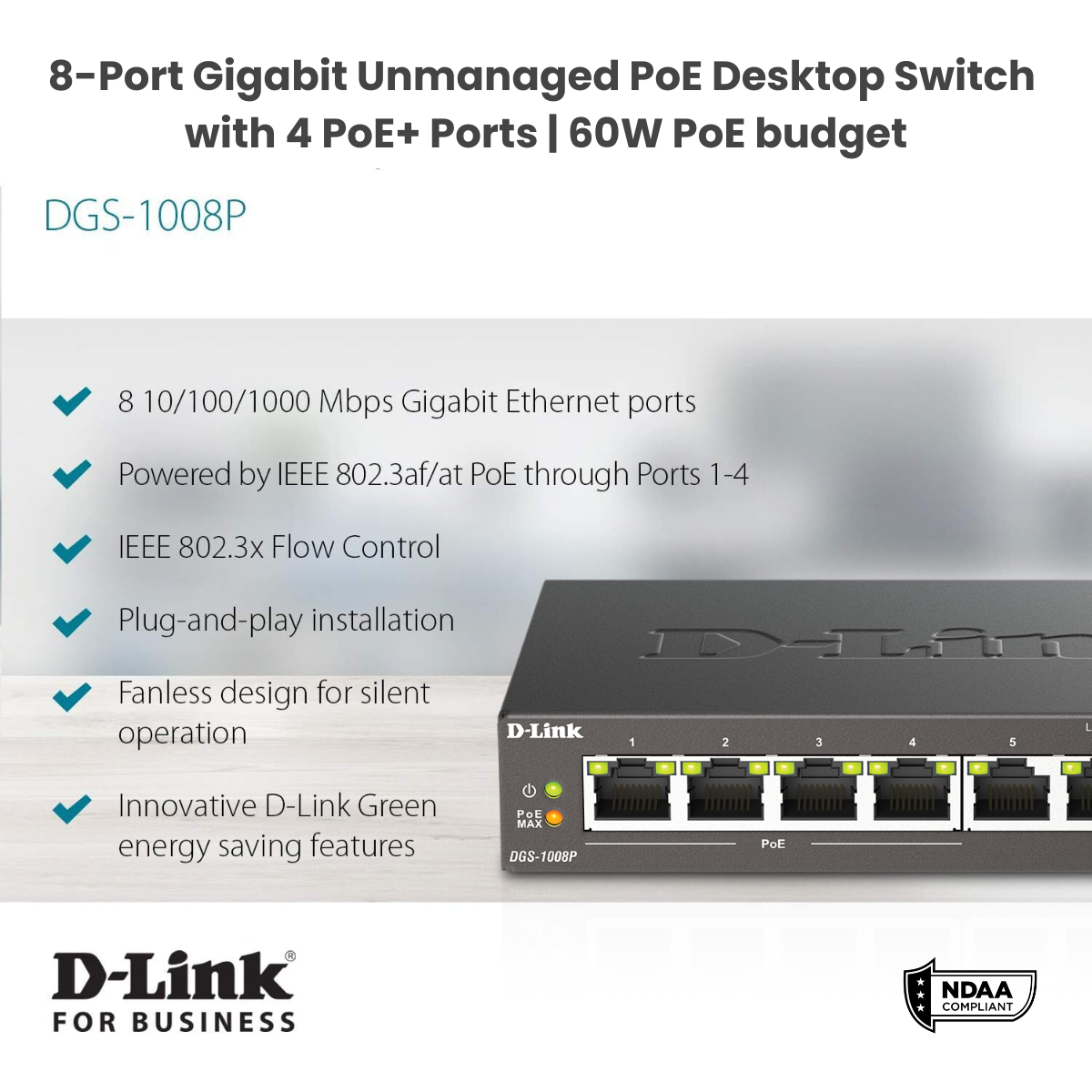 D-Link 8-Port Gigabit PoE+ Unmanaged/Plug and Play Switch | 4 PoE+ Por ...